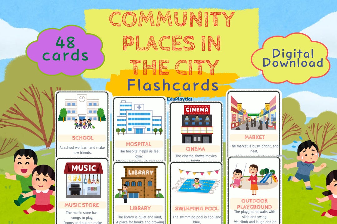 Community Places Flashcards Printable | Places in Town Vocabulary Cards ...