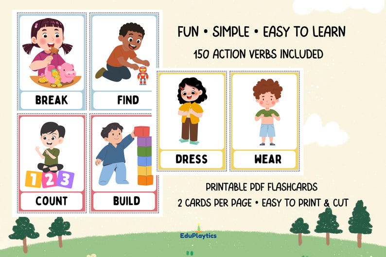150 Printable Action Verbs Flashcards| ESL for Kids| Fun Learning Cards for Preschool and Early ...