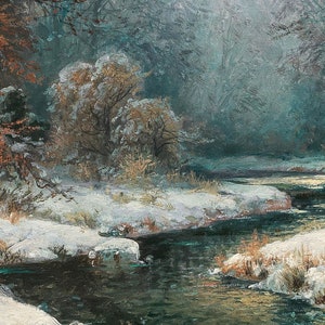 Early Snowfall | Vintage Holiday Landscape Snowy River in Woods Artwork ...