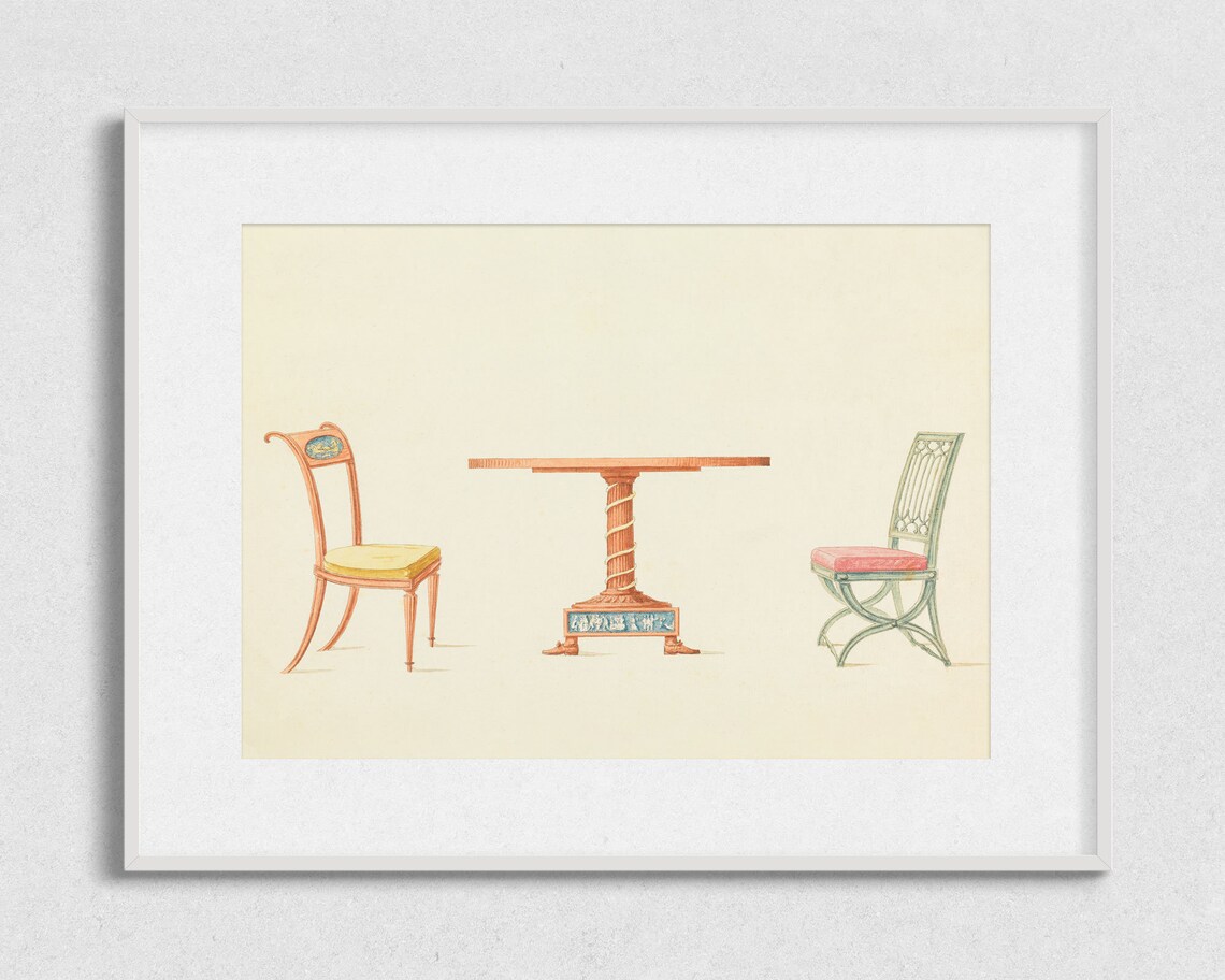 Vintage Interior Drawing Art Download, Antique Table and Chair Design ...