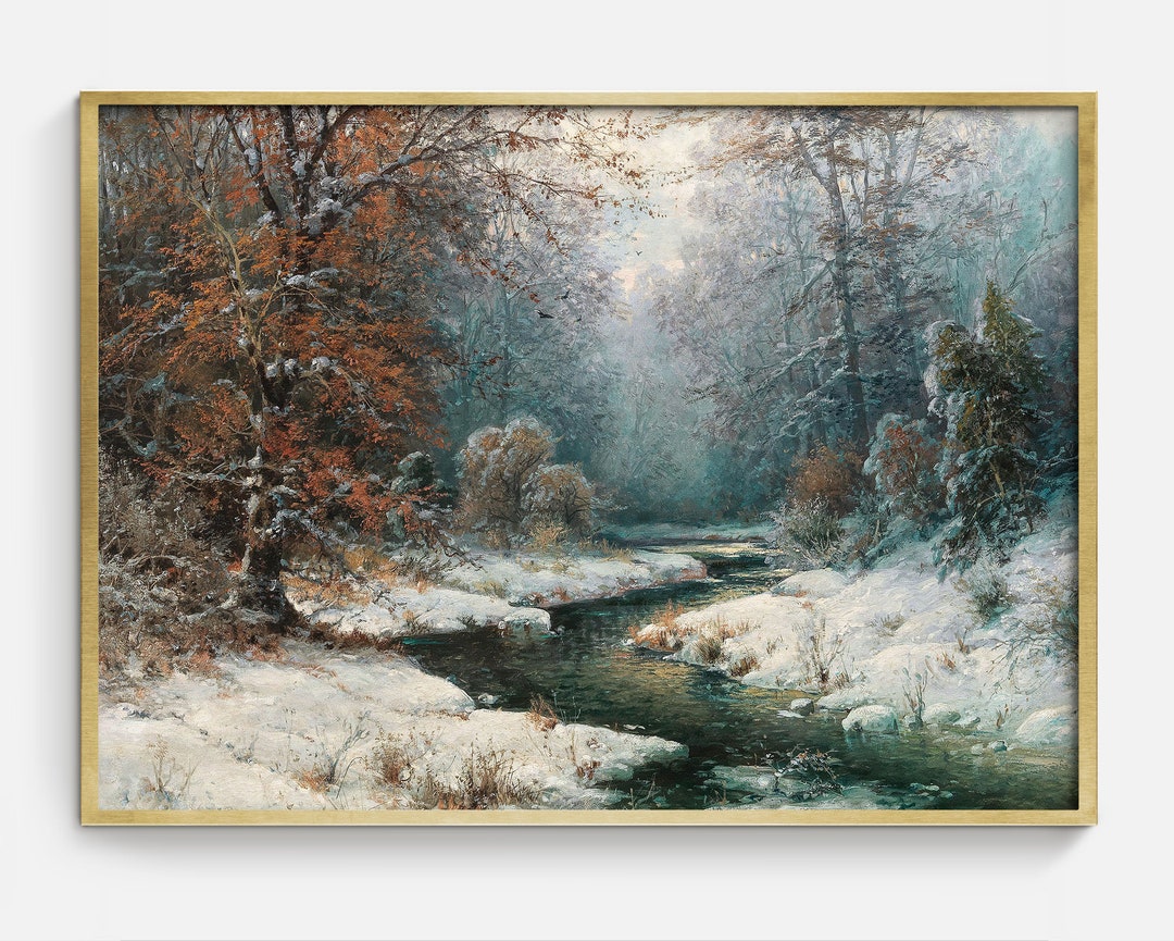 Early Snowfall Vintage Holiday Landscape Snowy River in Woods Artwork ...