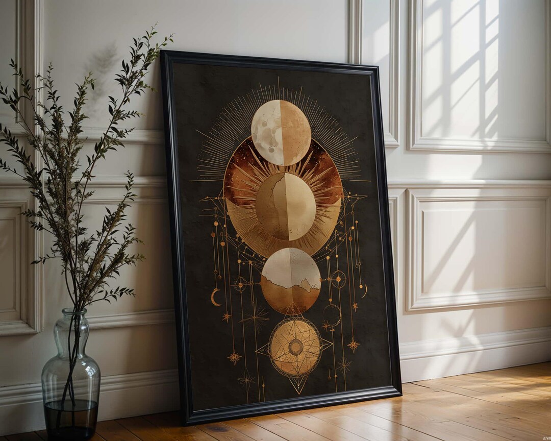 Celestial Sun & Moon Phases Printable Poster, Gold and Black Art Deco ...