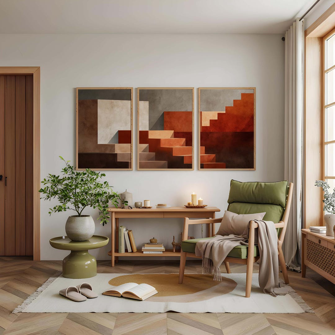 Terracotta Stairs Triptych, Minimal Brutalist Geometry Printable Wall ...