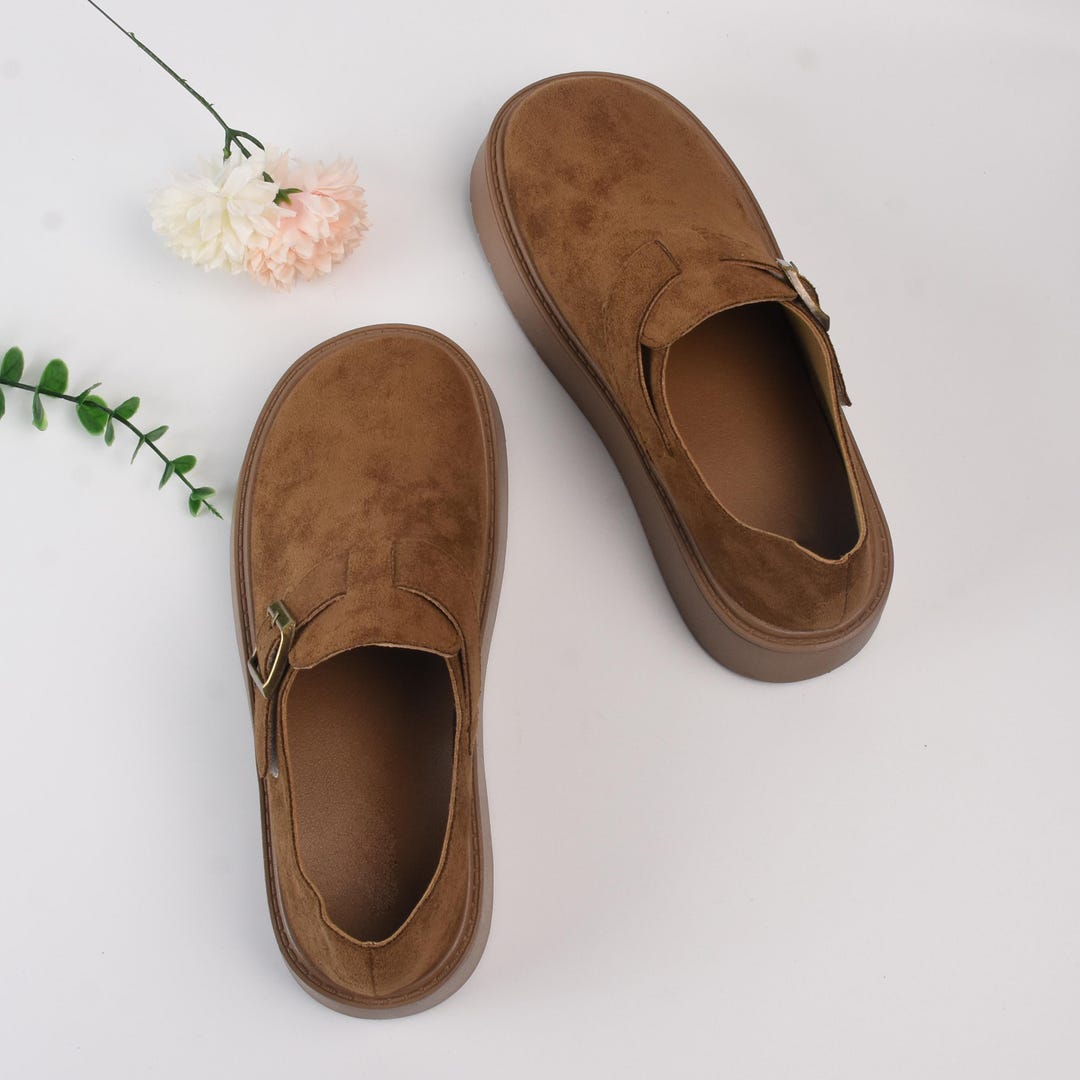 Handmade Suede Leather Platform Loafers Women, Retro Brown Slip on ...
