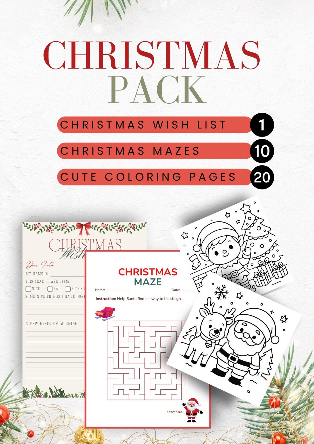 Christmas Activity Pack | Printable Mazes, Wish List & Coloring Pages ...