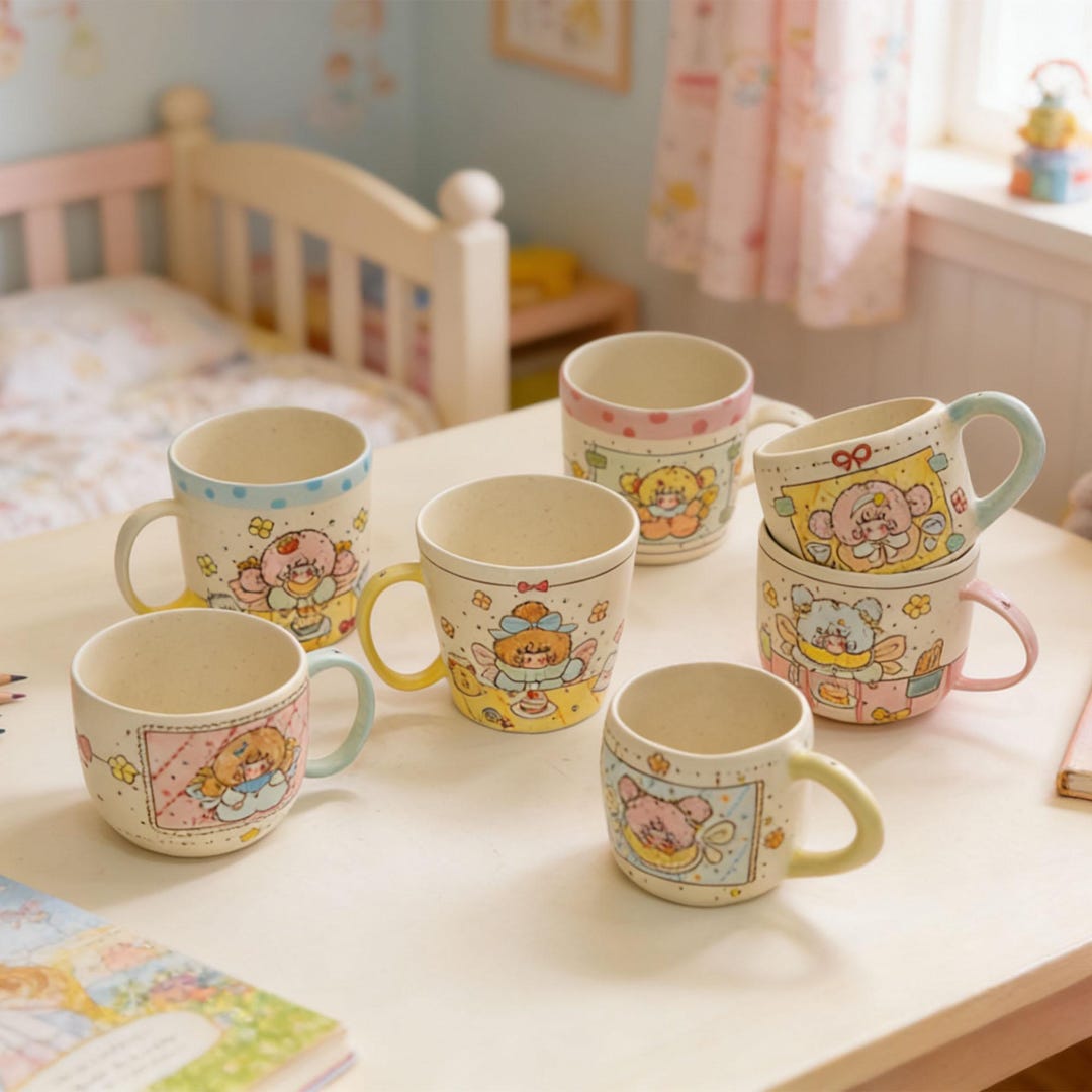 Hand-painted Ceramic Mug: Pastel Cartoon Character, Original Art - Etsy