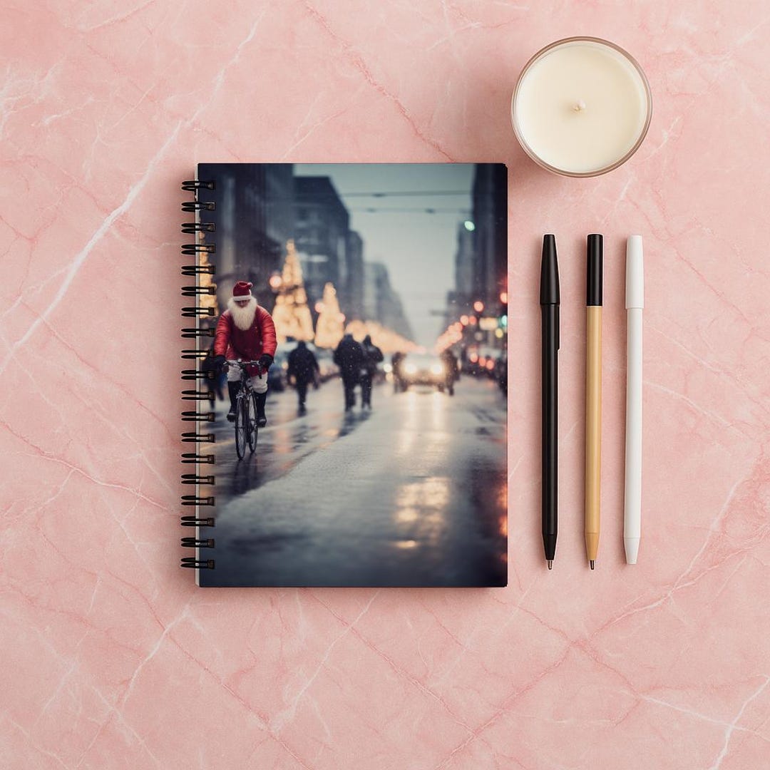 Spiral Notebook Urban Christmas Santa Claus Bike Journal City Street ...