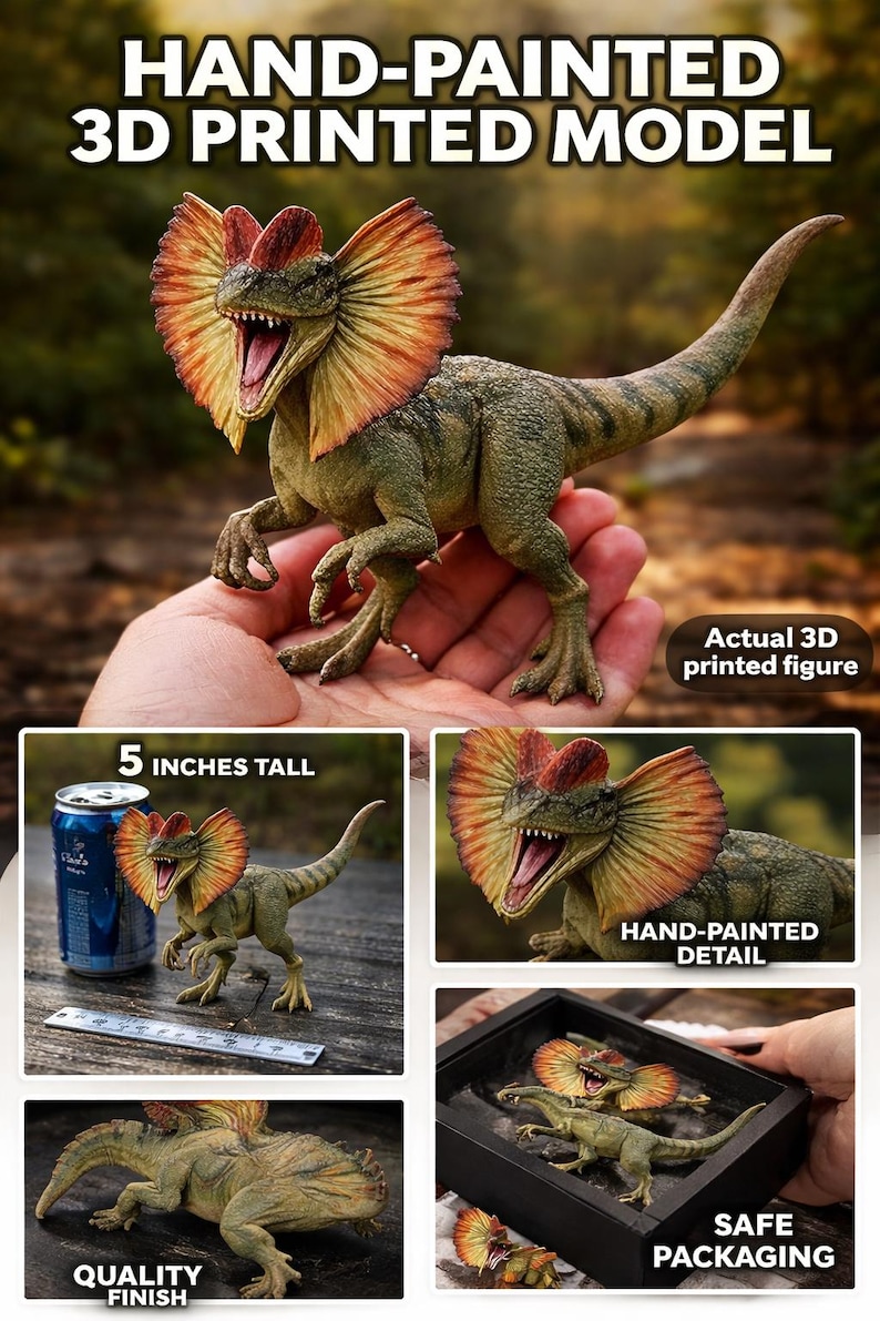 Dilophosaurus 3D Printed Dinosaur – Hand Painted Figure, Jurassic Dino ...
