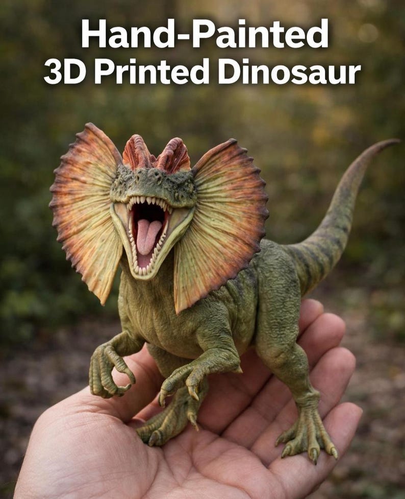 Dilophosaurus 3D Printed Dinosaur – Hand Painted Figure, Jurassic Dino ...