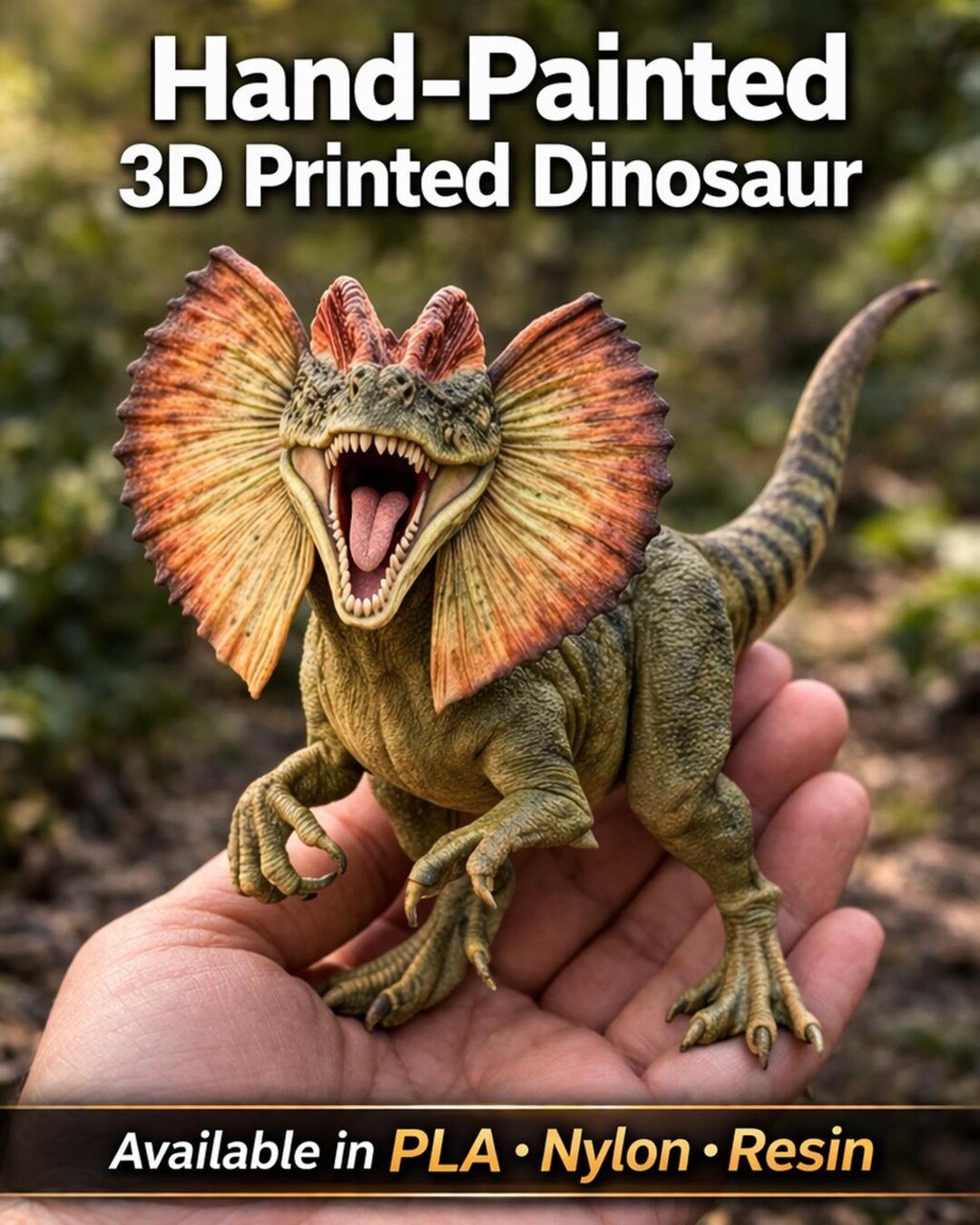 Dilophosaurus 3D Printed Dinosaur – Hand Painted Figure, Jurassic Dino ...
