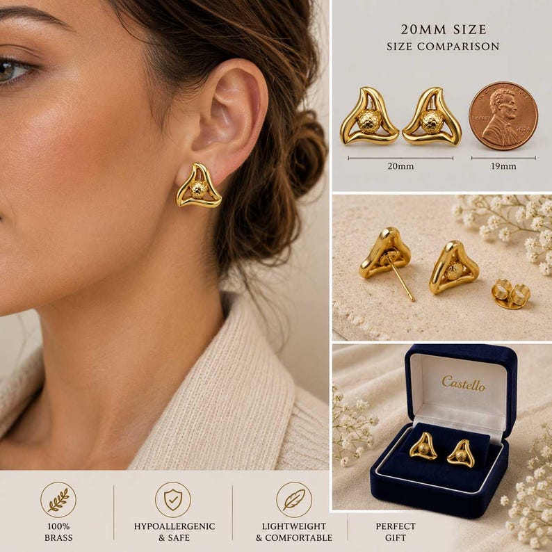 Polished Brass Triangle Orb Stud Earrings – Modern Geometric Floral ...