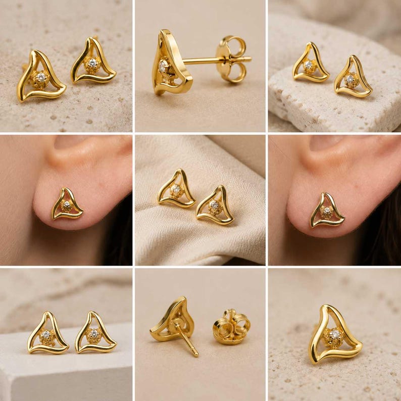 Polished Brass Triangle Orb Stud Earrings – Modern Geometric Floral ...
