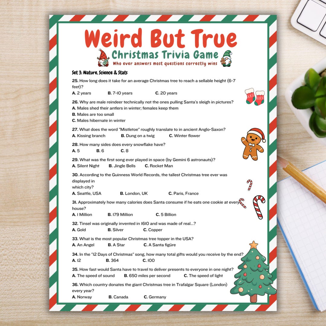 48 Christmas Trivia Questions, Weird but True Holiday Quiz, Printable ...