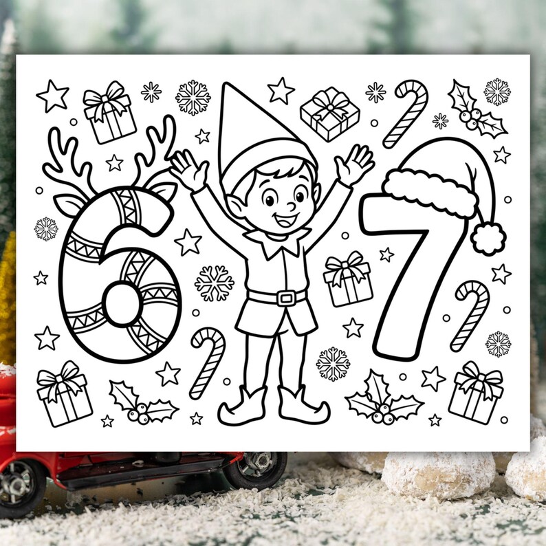 6 7 Christmas Coloring Page, 67 Trending Meme Printable, Funny Elf ...