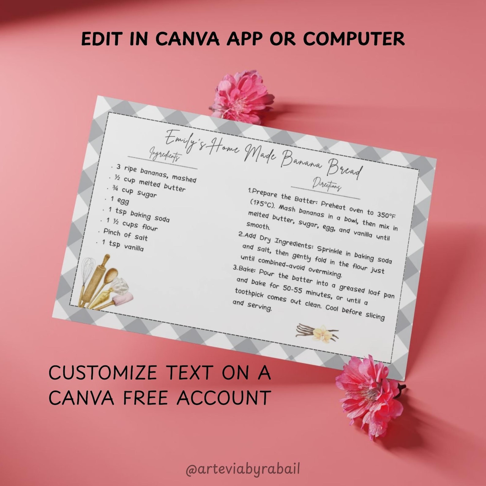 Printable Baking Recipe Card Template | Canva Editable 4x6 PDF ...