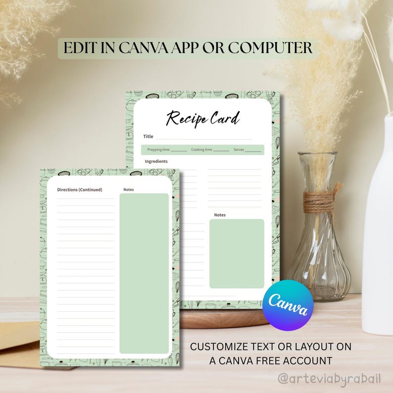 Editable Recipe Card Template | Recipe Book Pages Canva | A4 & US ...