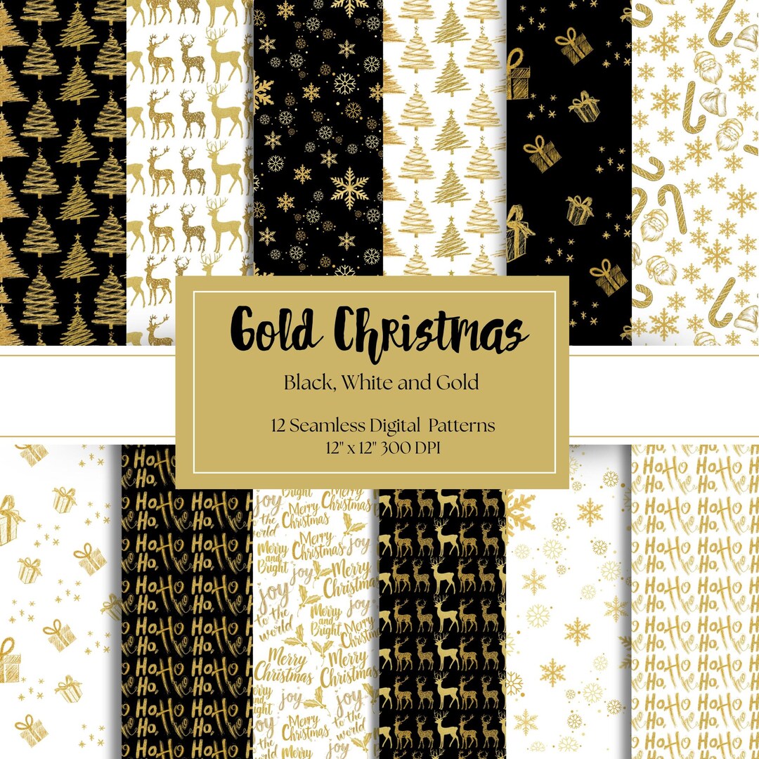 Gold Christmas Digital Paper | Black & White, Seamless Patterns (12x12 ...