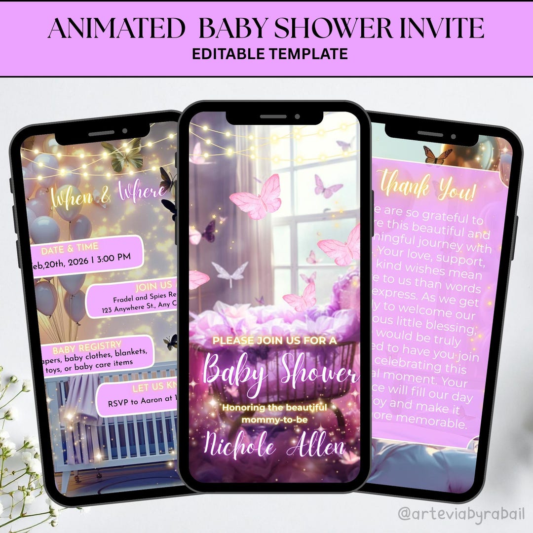Animated Baby Shower Invitation Video Canva, Editable Pink Purple ...