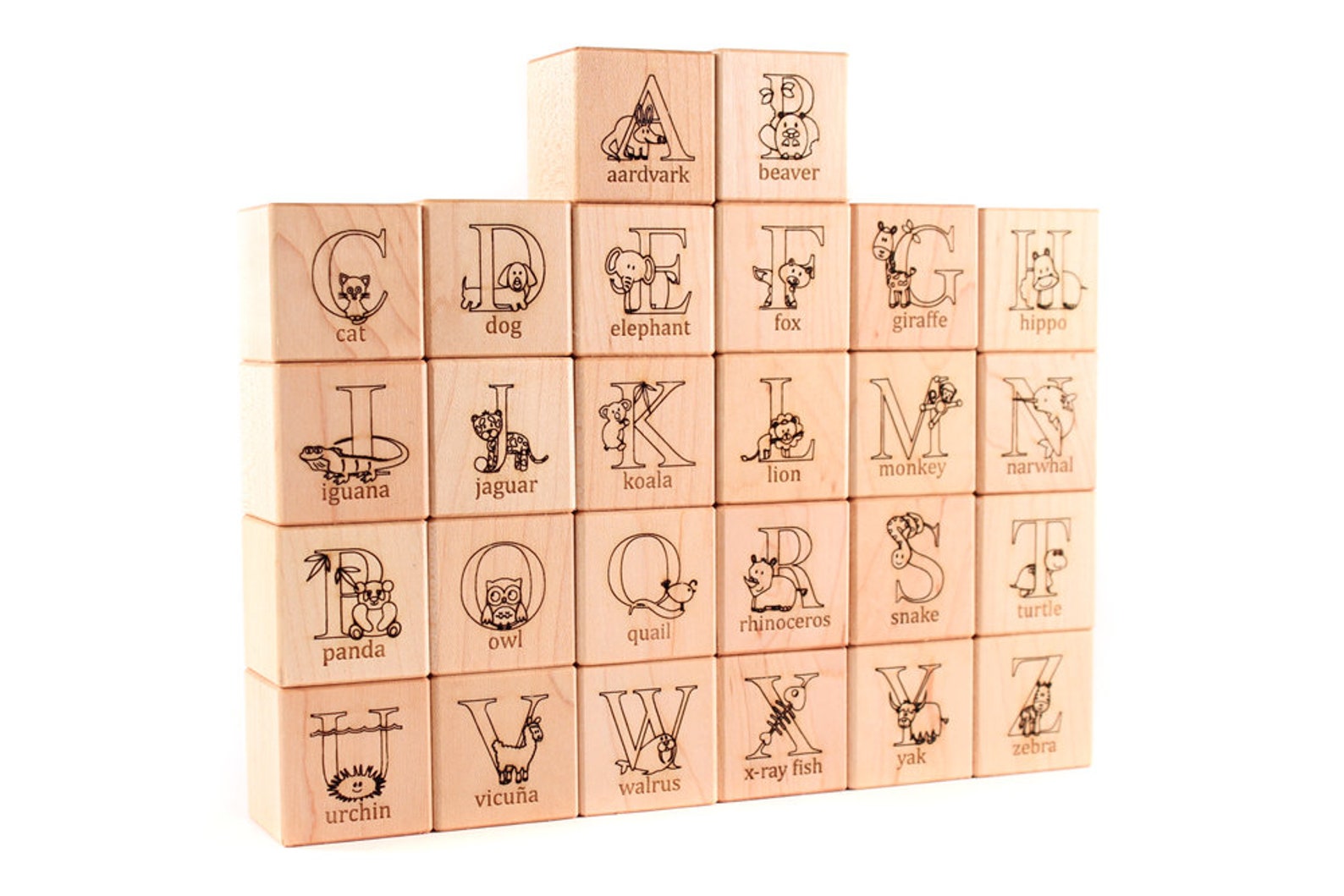 26-piece ANIMAL ALPHABET Hardwood Block Set All Natural - Etsy