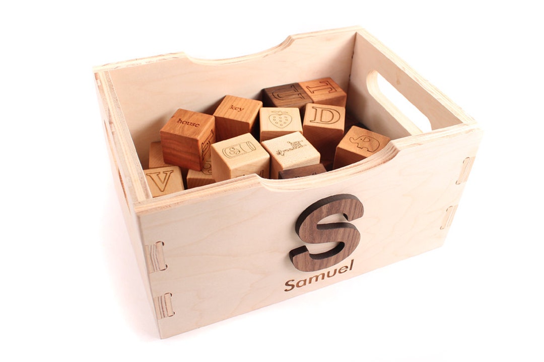 Alphabet Blocks With Crate Gift Set - 26 Picture Alphabet Organic Wood ...