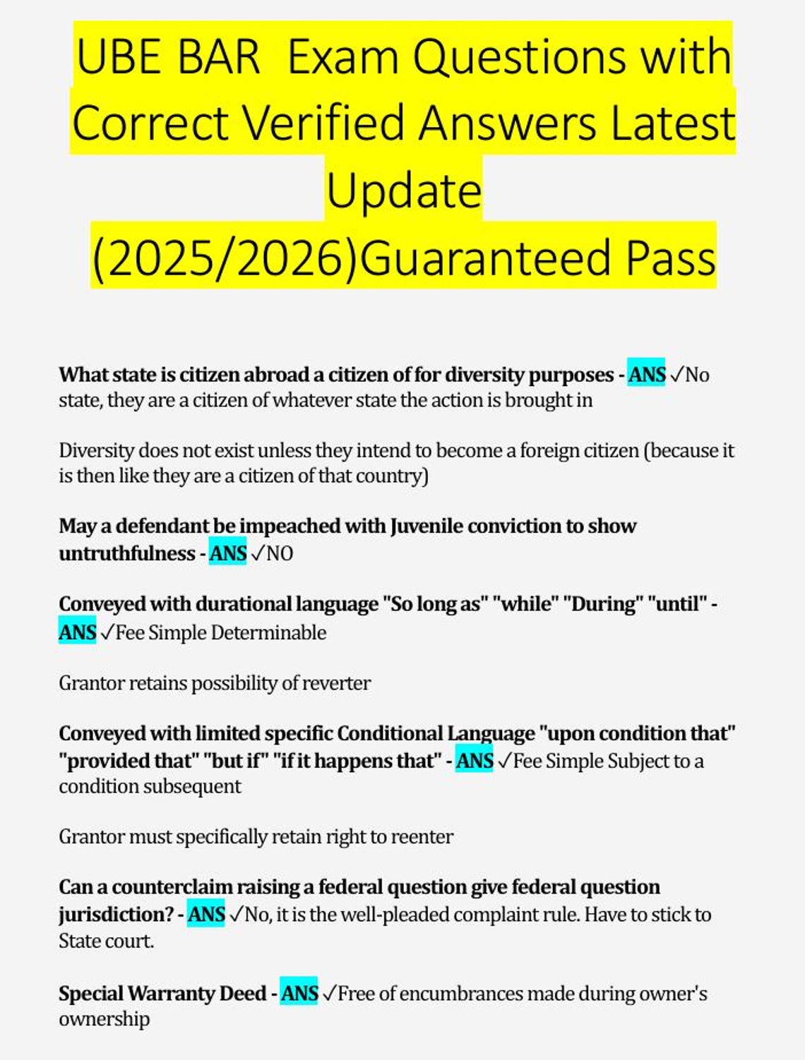 UBE BAR Exam Questions With Correct Answers Latest Update (2025/2026 ...