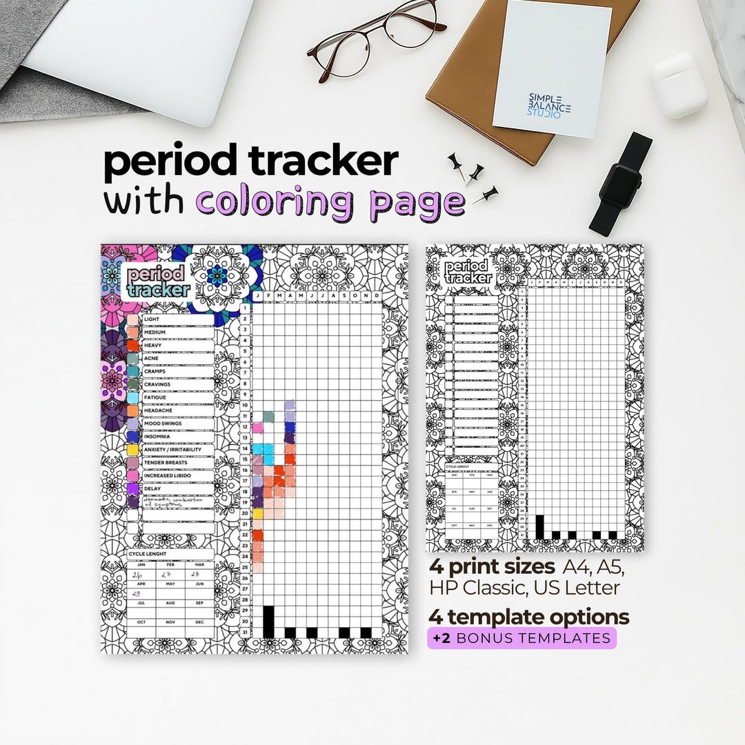 Printable Period Tracker | 4 Templates With Coloring Pages and Blank ...