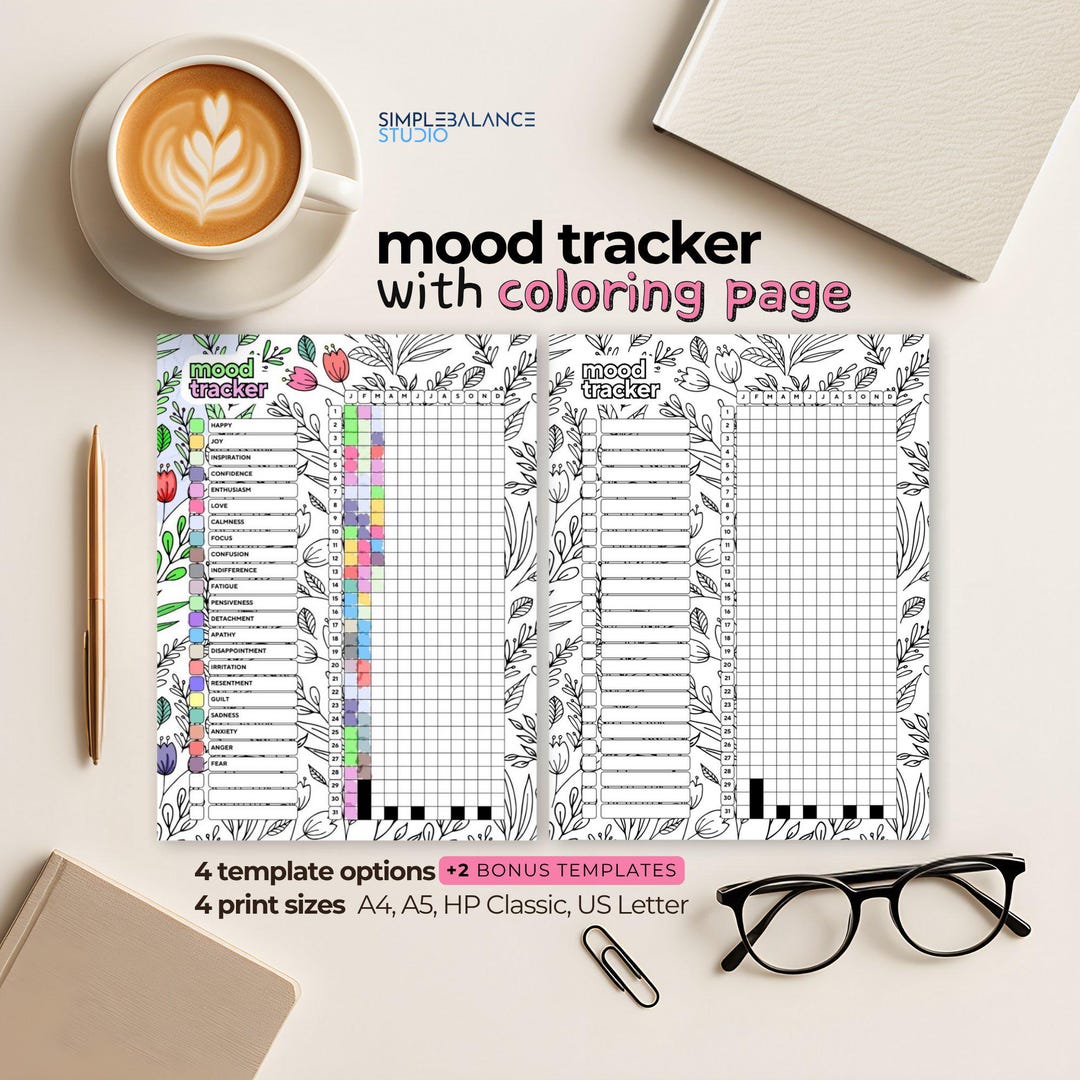 Printable Mood Tracker | 4 Templates With Coloring Pages and Blank ...