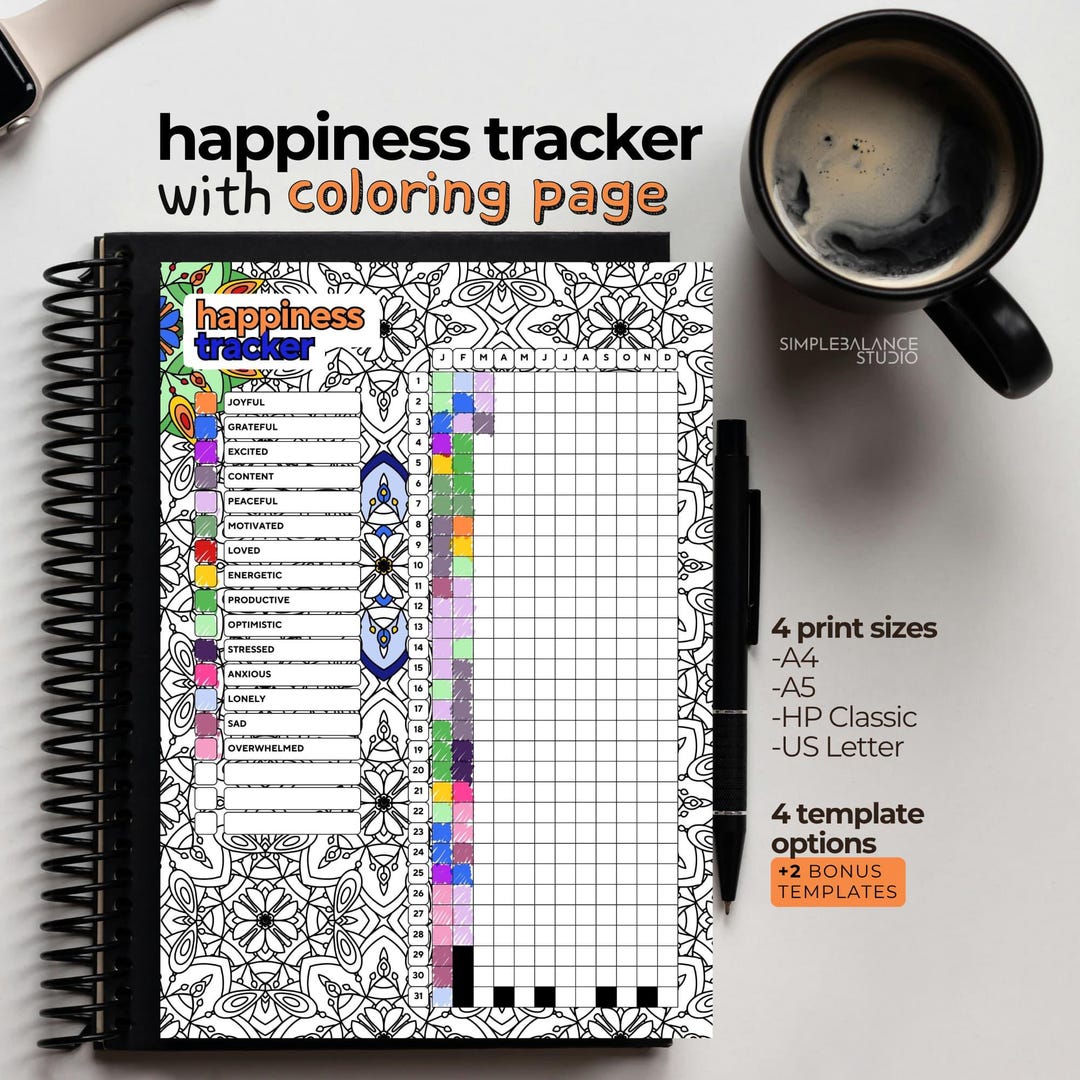 Printable Happiness Tracker | Bullet Journal With Coloring & Blank ...