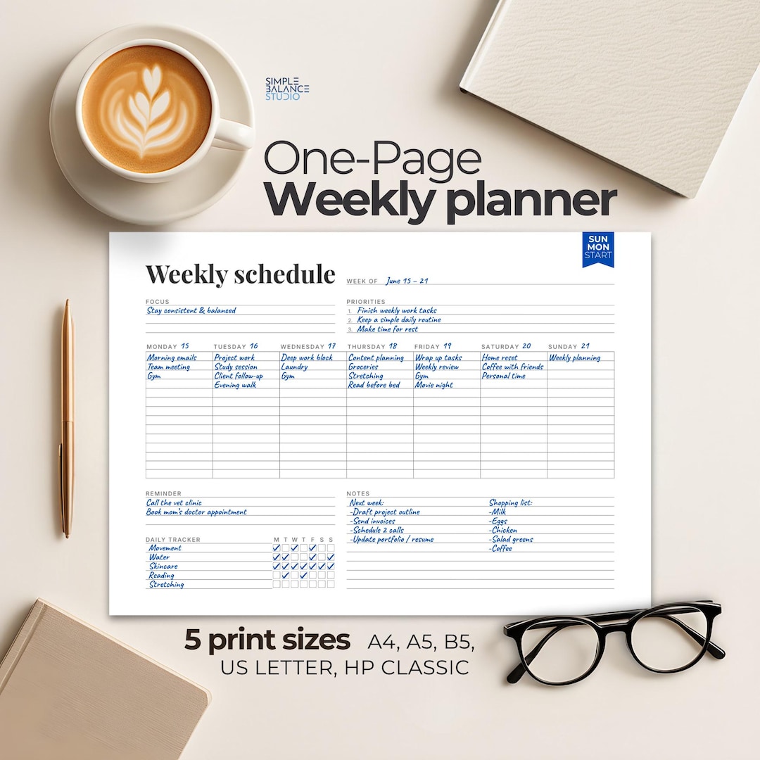 Weekly Schedule Planner Printable, Weekly Journal With Daily Tracker ...
