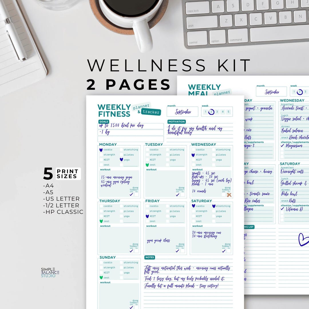 Printable Weekly Fitness and Meal Planner | 2 Pages Green Workout ...