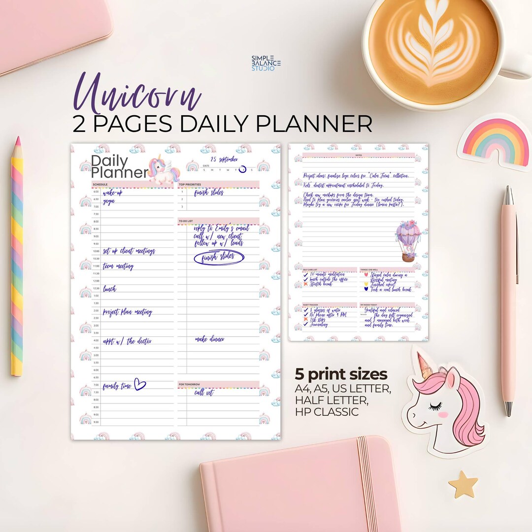 Printable Daily Planner | Rainbow 2 Page With Hourly Schedule, Habit ...