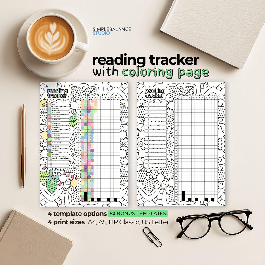 Printable Reading Tracker | 4 Journal Templates With Coloring Pages and ...