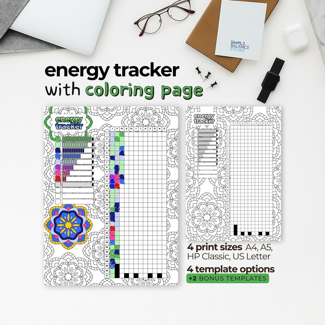 Printable Energy Tracker | Bullet Journal With Coloring Pages and Blank ...