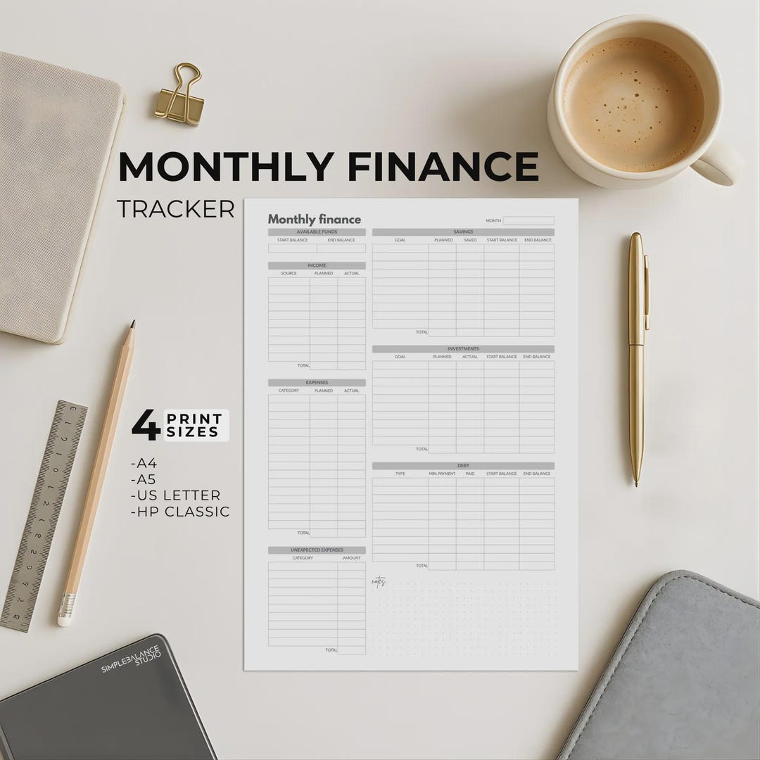 Monthly Finance Tracker Printable, Planner Insert for Budget, Expense ...