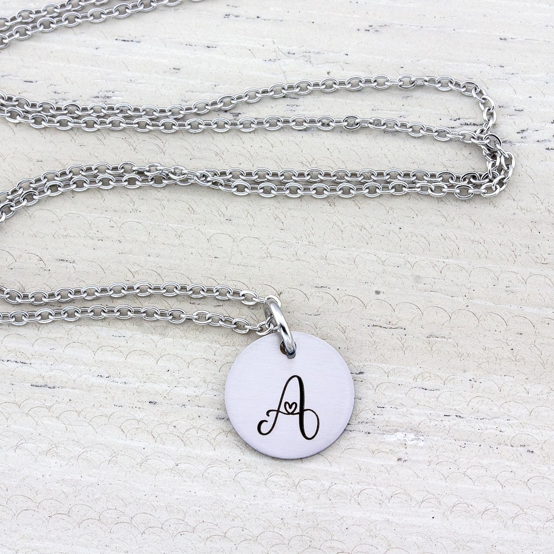 Custom Initial Necklace: Cursive Letter, Stainless Steel Disc - Etsy