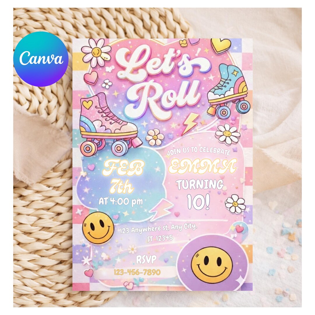 Let's Roll Roller Skate Birthday Party Invitation, Groovy Birthday Girl ...
