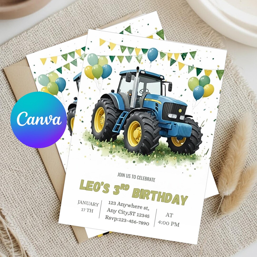 Tractor Birthday Invitation Template, Editable Farm Party Invite, Blue ...