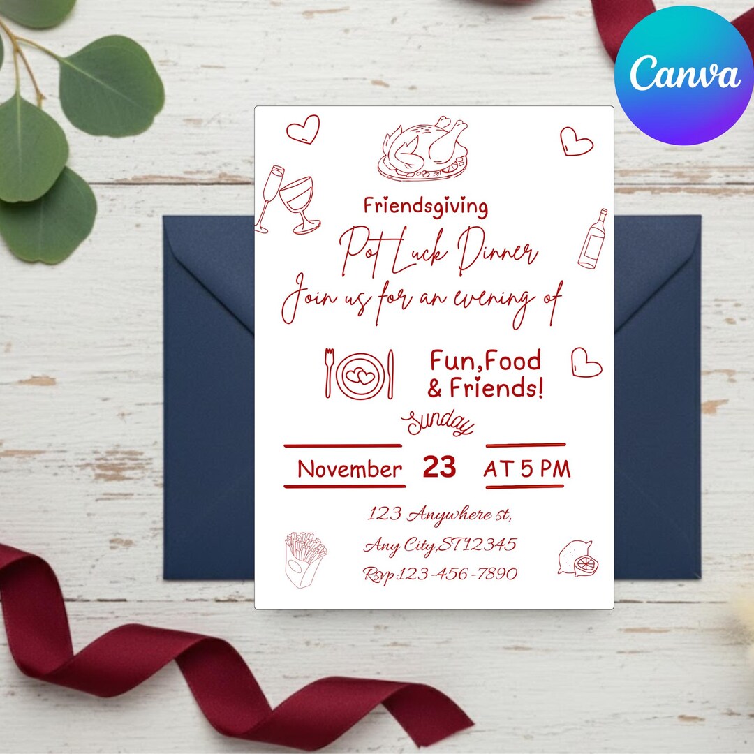 Editable Friendsgiving Potluck Dinner Invitation, Minimalist Line Art ...