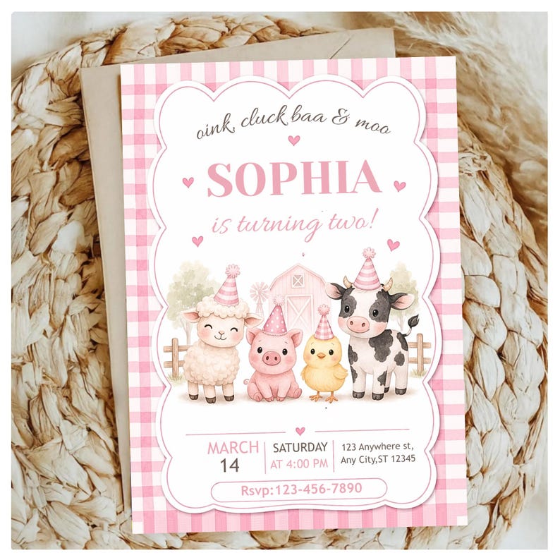 Oink Cluck Baa Moo Birthday Invitation, Pink Farm 2nd Birthday ...