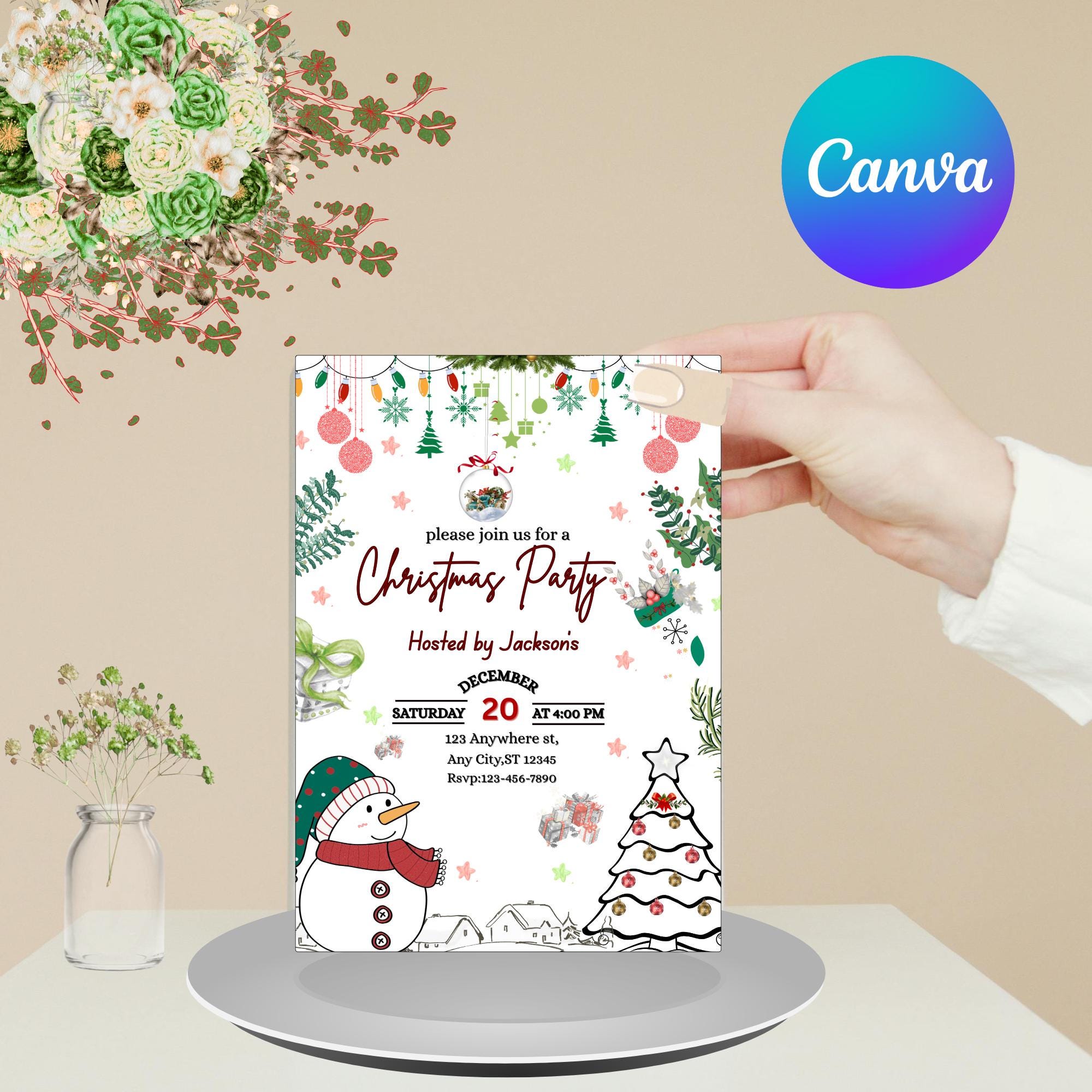 Green Christmas Party Invitation, Editable Whimsical Christmas Party ...