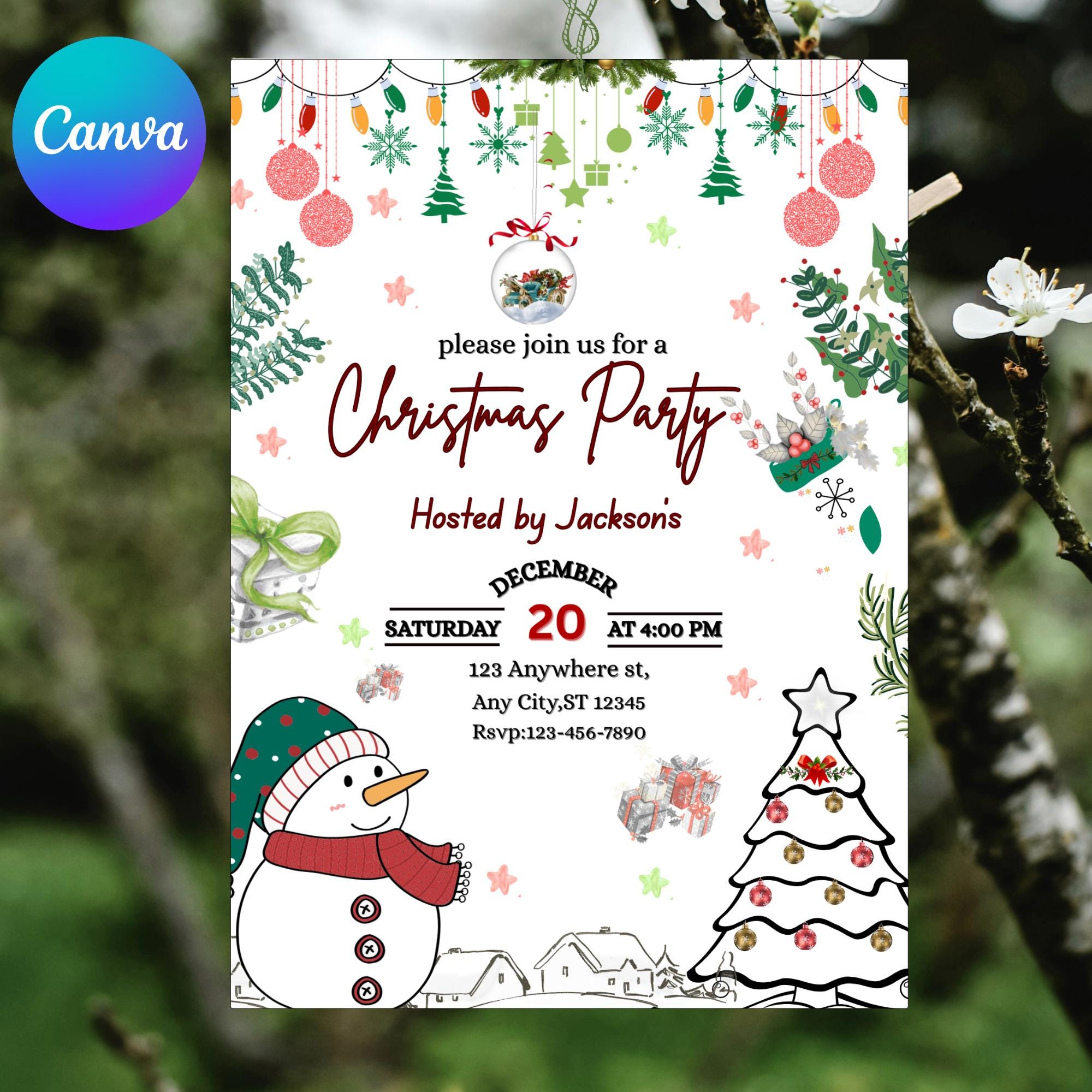 Green Christmas Party Invitation, Editable Whimsical Christmas Party ...