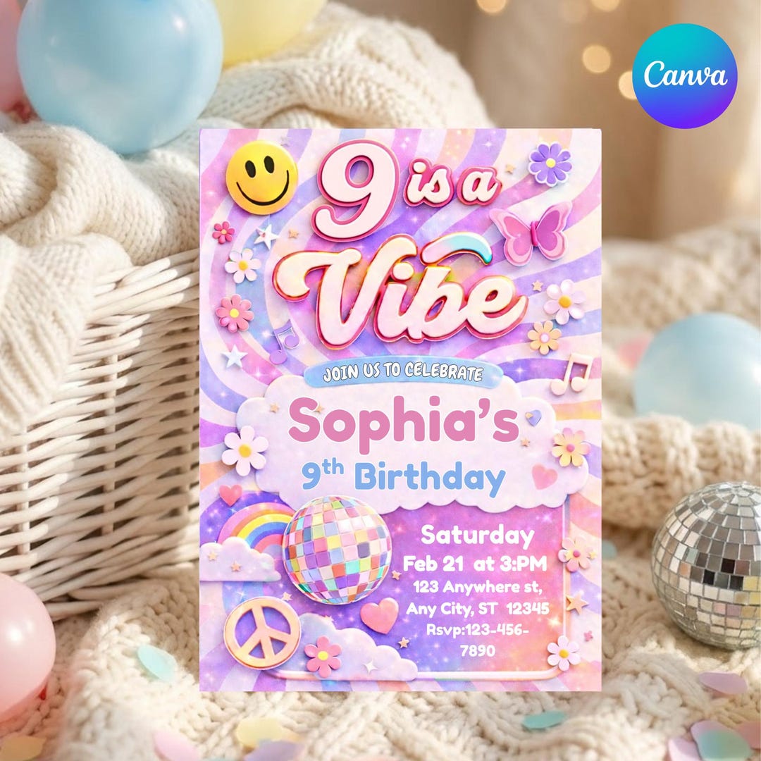 9th Birthday Invitation Rainbow, 9 is a Vibe, Checkered Smile Invite ...