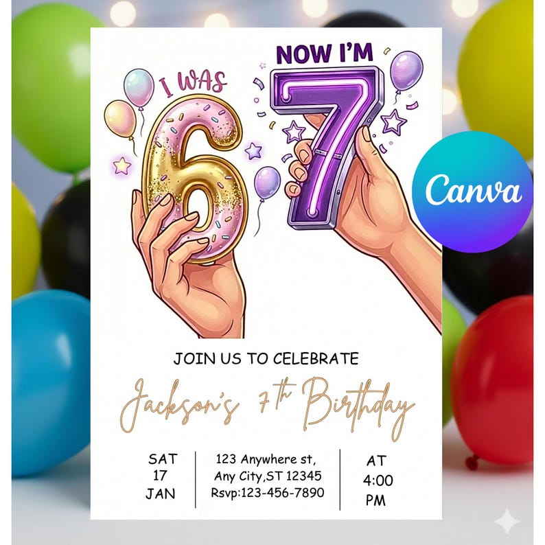I Was 6 Now I'm 7 Birthday Invitation, Seventh Birthday Invite, Donut ...