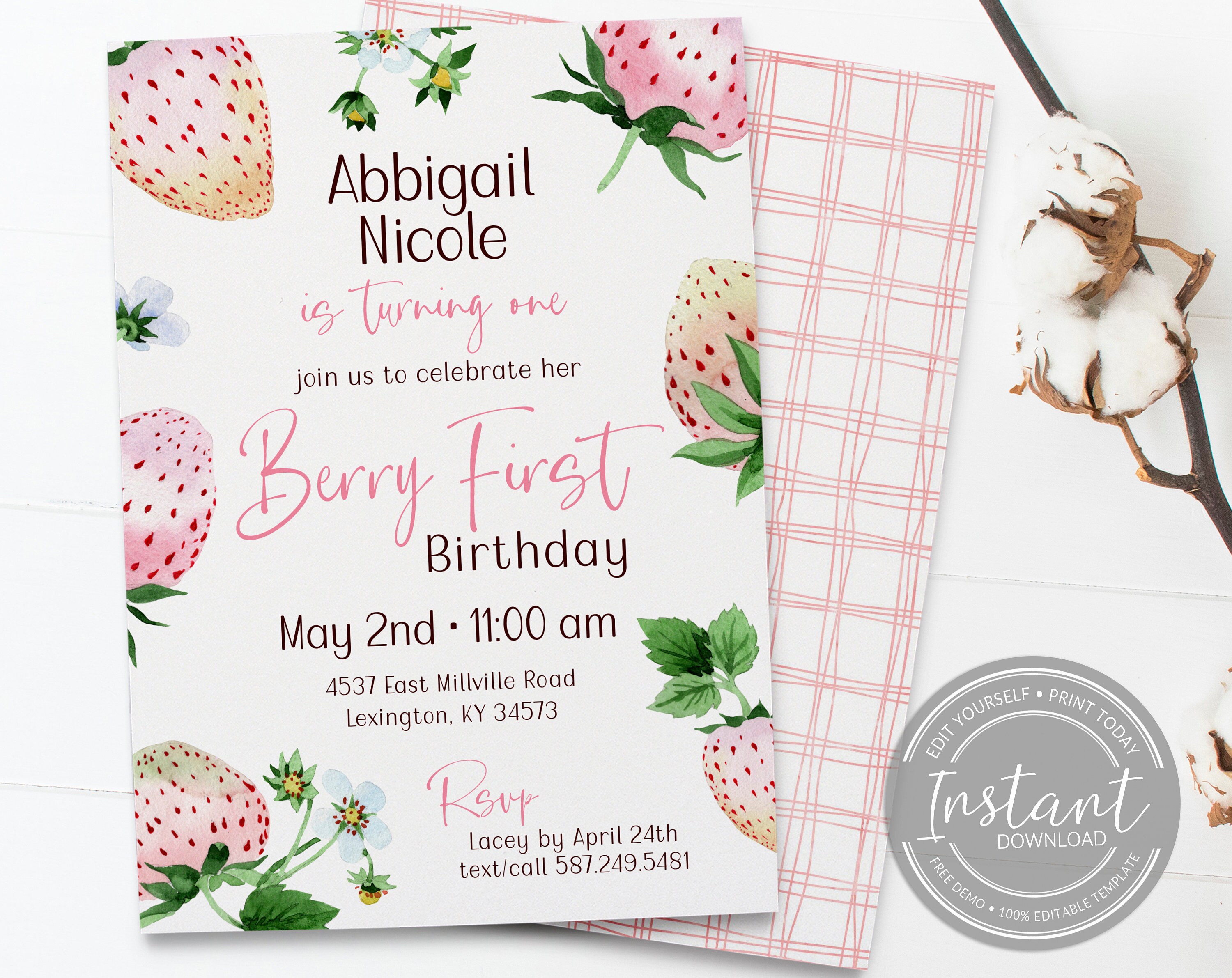 Berry First Birthday Invitation Strawberry Birthday Berry Etsy
