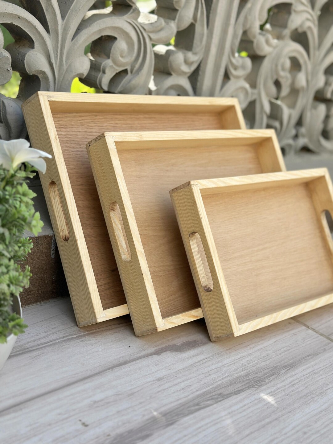 Set of 3 Oak Tray Set Rustic Oak Wood Serving Trays Nesting Wooden ...