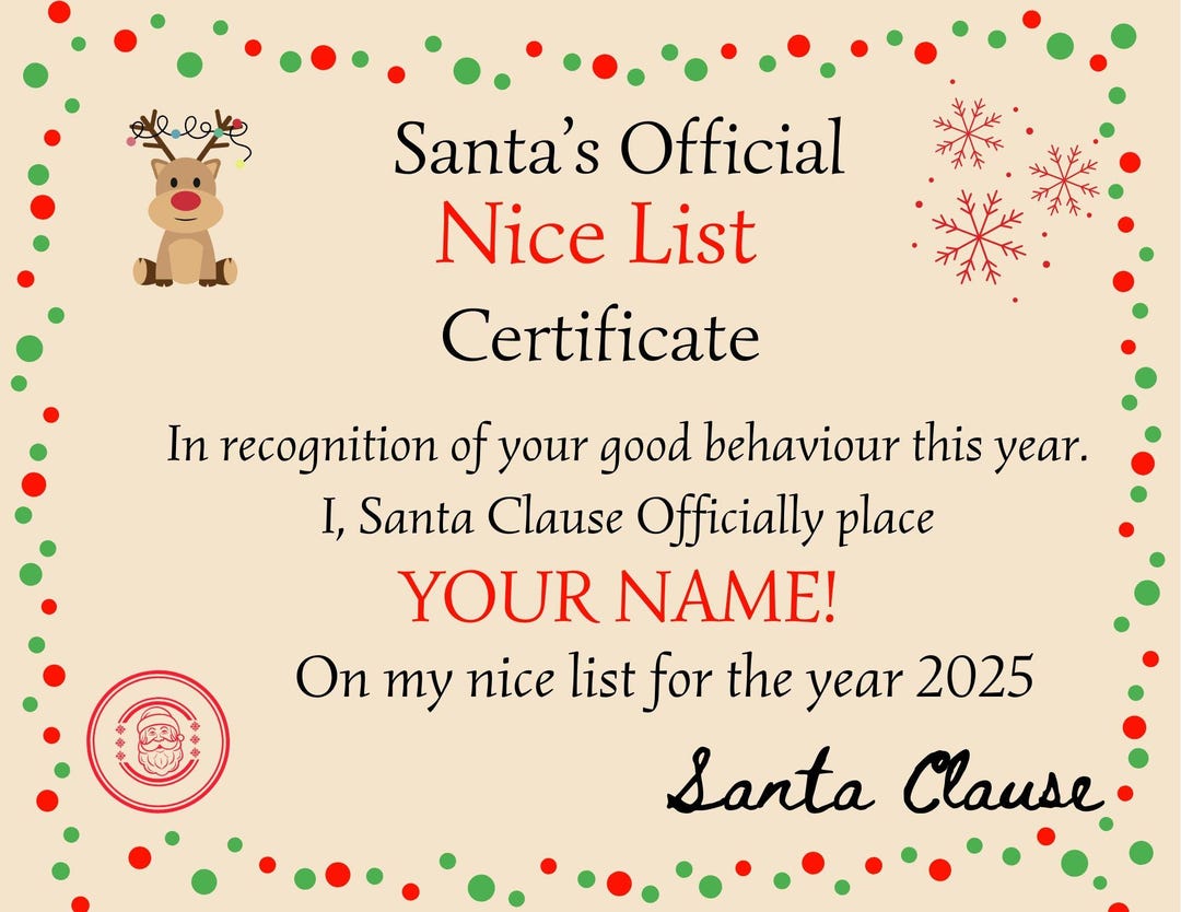 Santa Nice List Certificate | Fun Personalized Holiday Printable | Fun ...