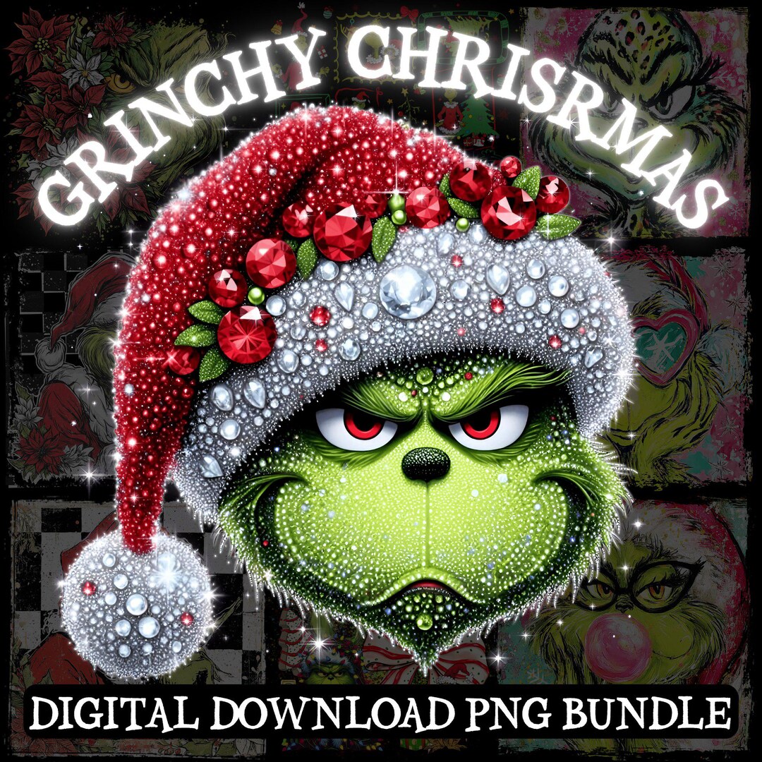 Grinchy Christmas Rhinestone PNG Bundle – Sparkly Santa Hat Grinch Face ...