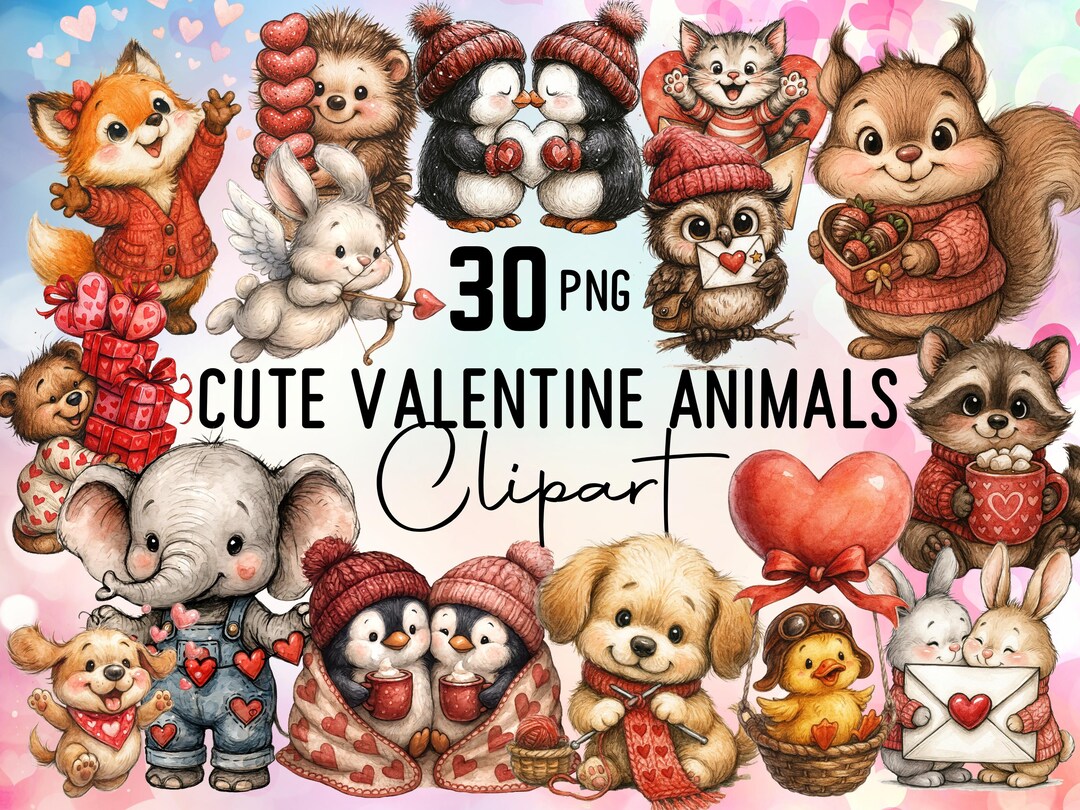 Cute Valentine Animals Clipart: 30 Watercolor PNG Set (digital Download ...