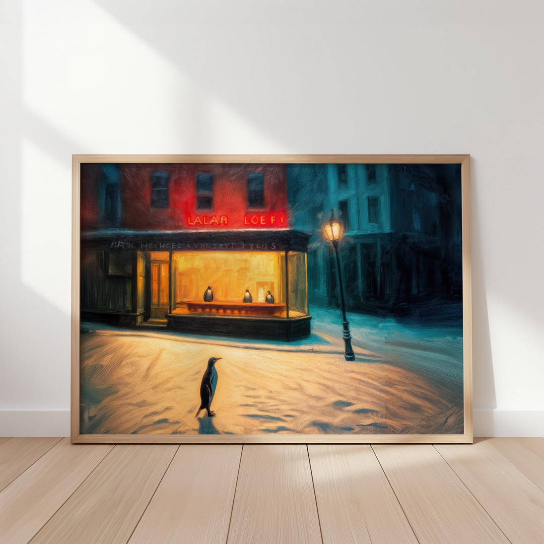 Penguin Diner at Night - Edward Hopper Style Cozy Oil Painting, City at ...