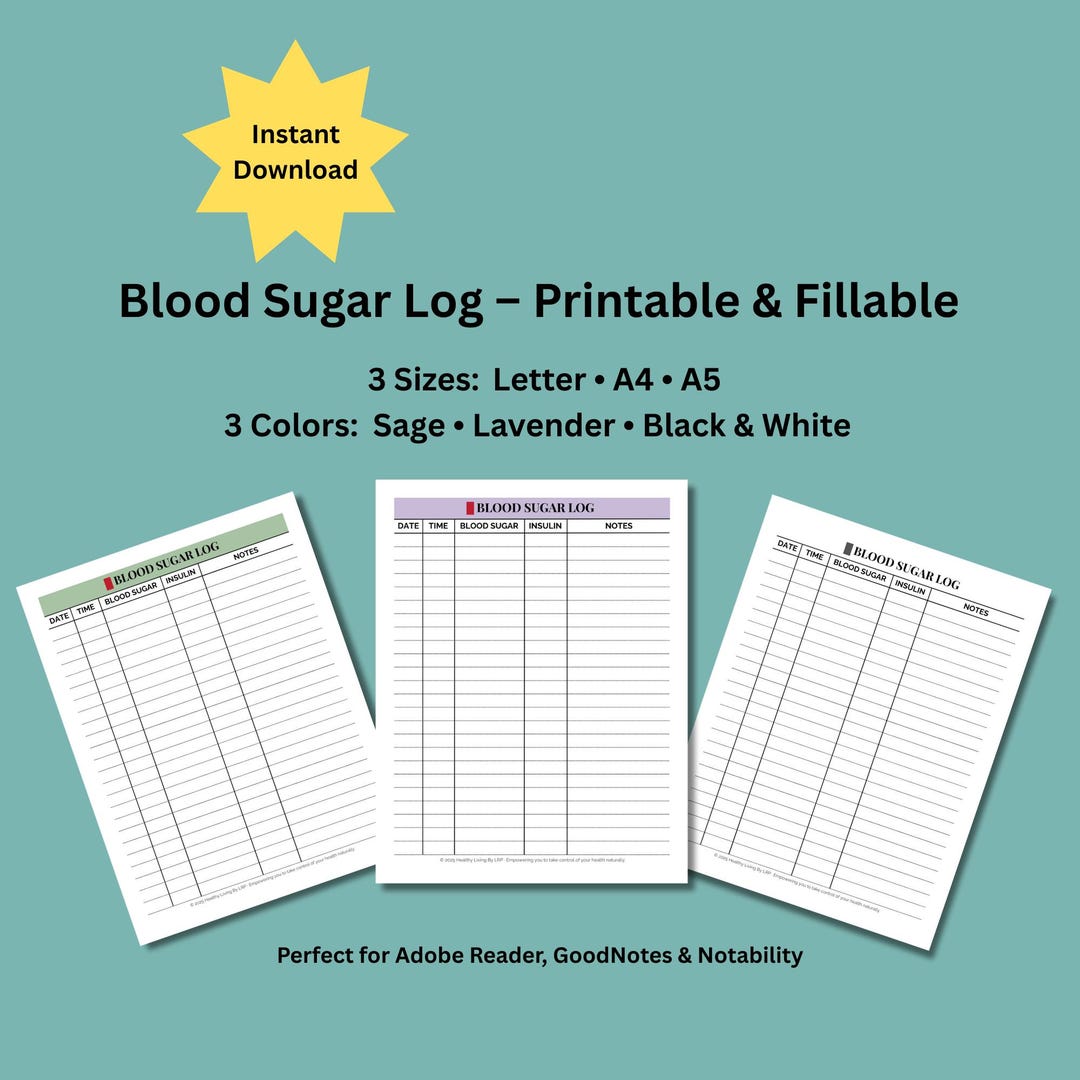 Blood Sugar Log Printable & Fillable | Diabetes Tracker | A1C Log ...